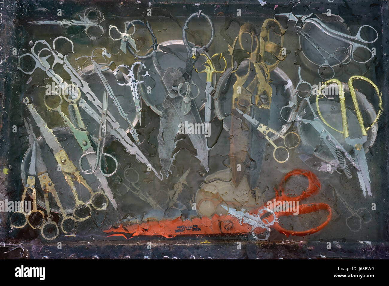 Art still life with a large number of different scissors: old scissors ...