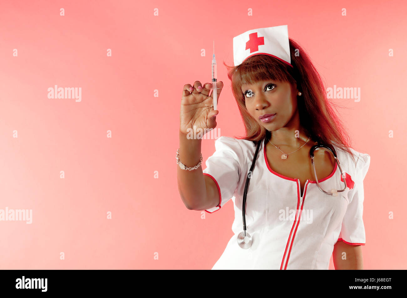 woman health sister hold stethoscope care nurse injection syringe ...