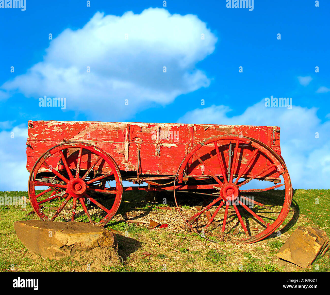 wheel wood rusty wagon western cart meadow grass lawn green blue model ...