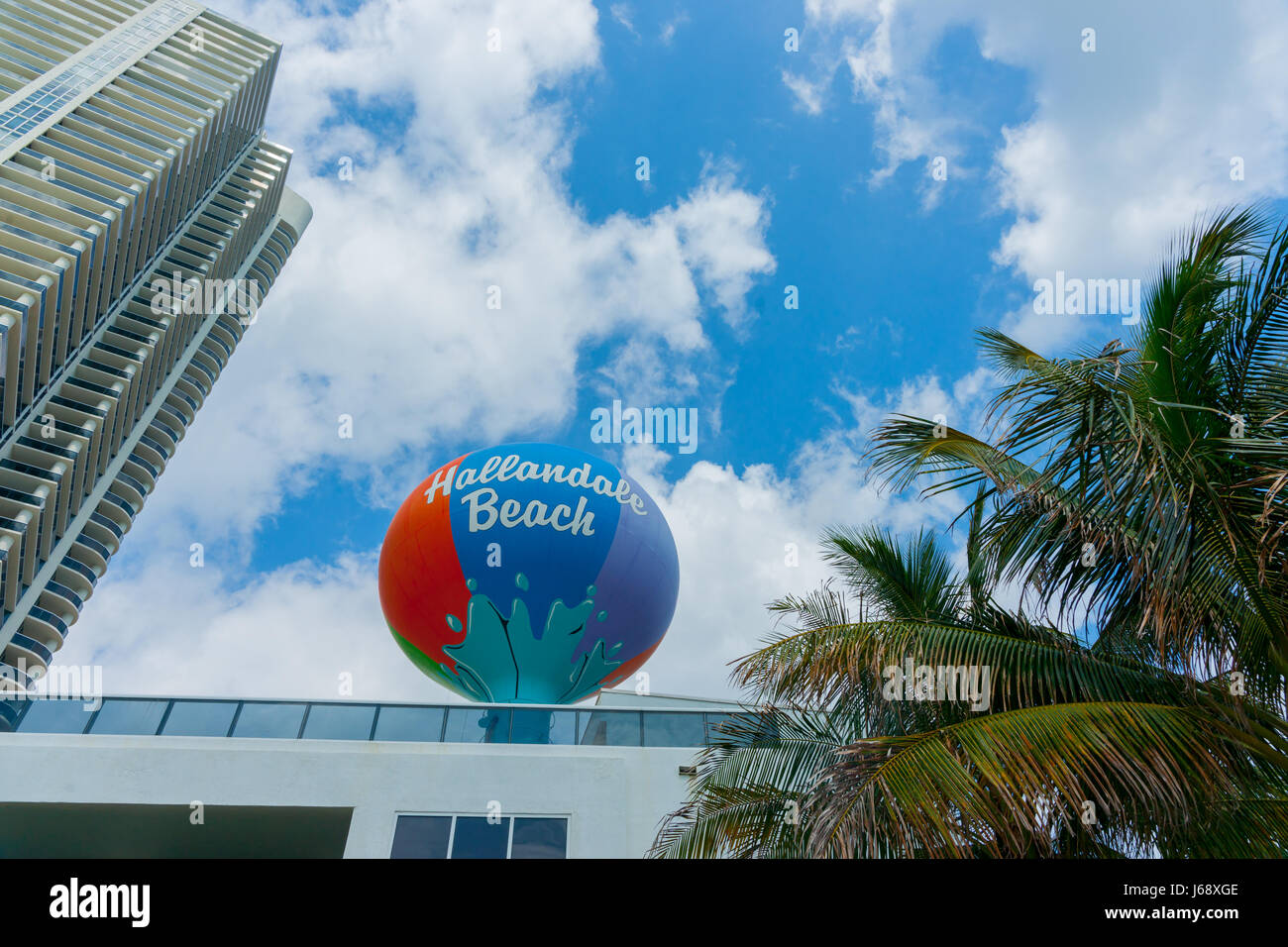Hallandale Beach Miami large circular retro colored sign on tall pole ...