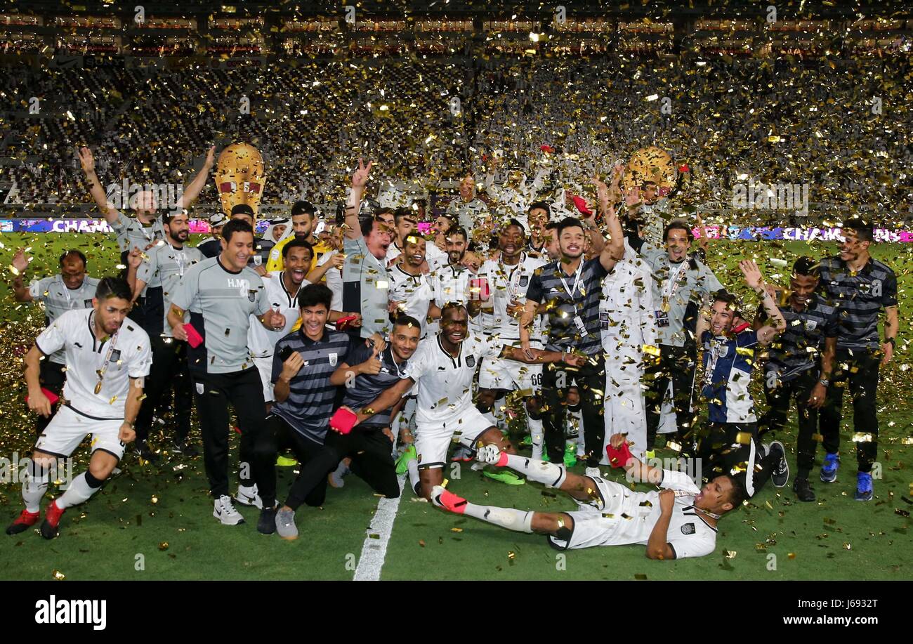 Doha, Qatar. 19th May, 2017. Members of Al-Sadd celebrate their victory ...