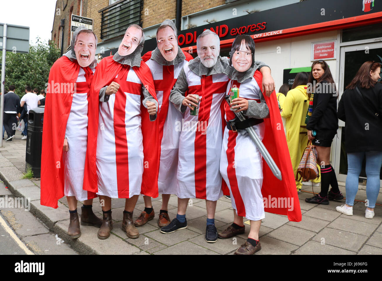 London, UK. 20th May 2017. Fans wearing masks of Nigel Farage , Jeremy ...