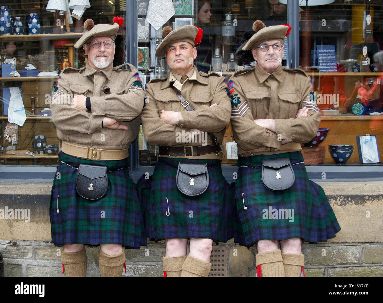 Haworth, UK. 20th May, 2017. Three men in Scots highlanders uniform ...