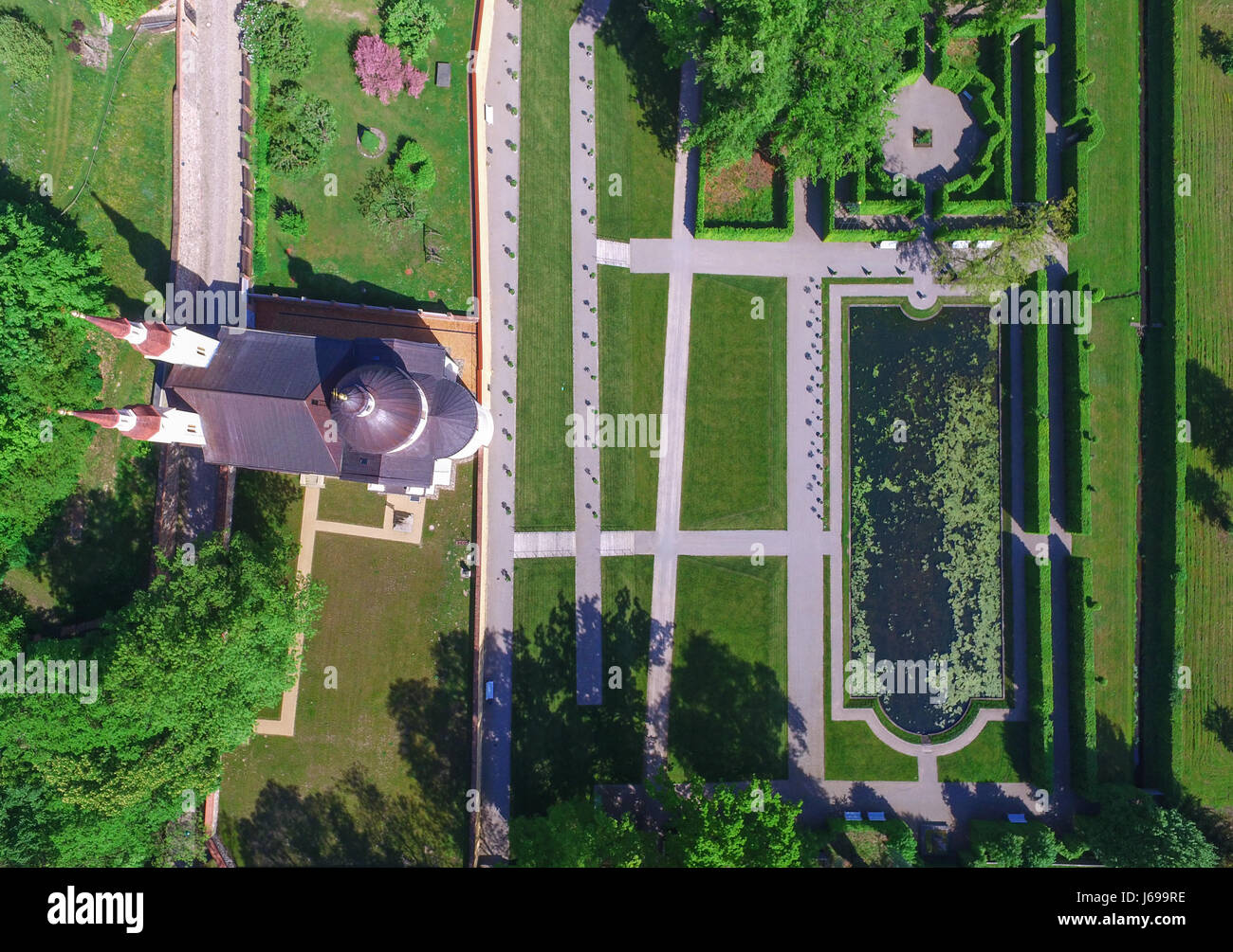 An aerial image taken with a drone shows the monastery with the garden ...