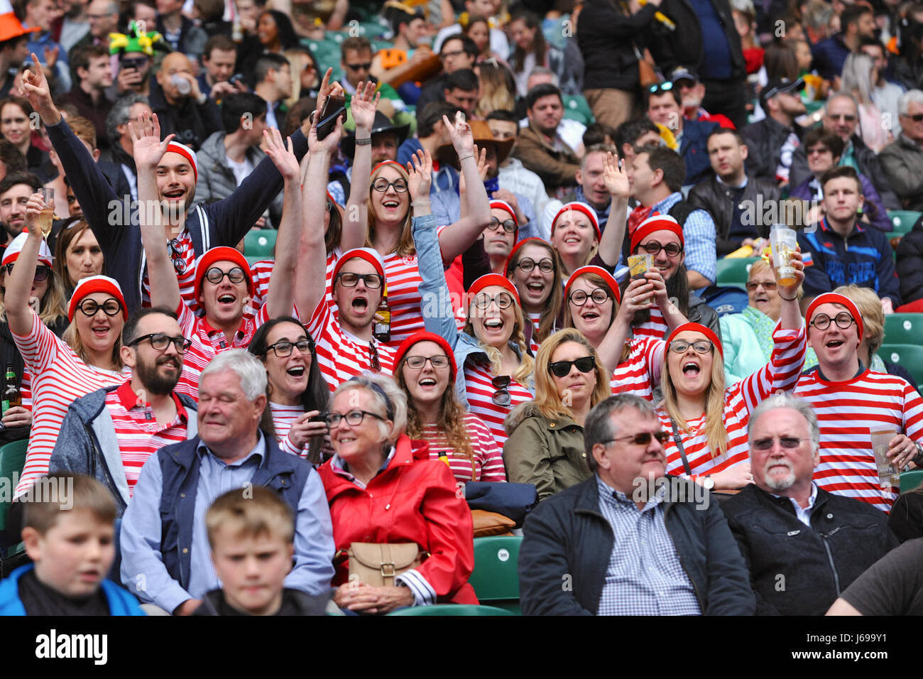 London, UK. 20th May, 2017. Rugby Fans dressed as Wally from the 'Where ...