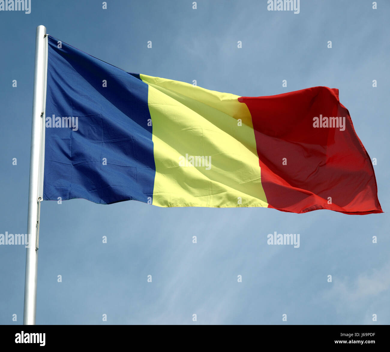 europe flag floating romania romanian firmament sky wind blue blank ...