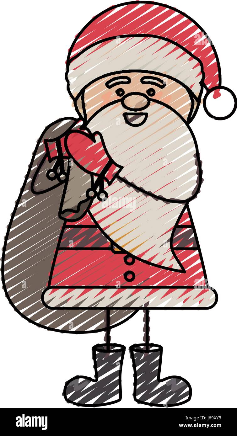 color crayon stripe cartoon of funny santa claus with gift bag Stock ...