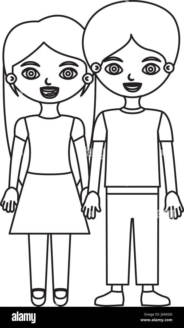 black contour couple girl with skirt and lond hair with boy in casual ...