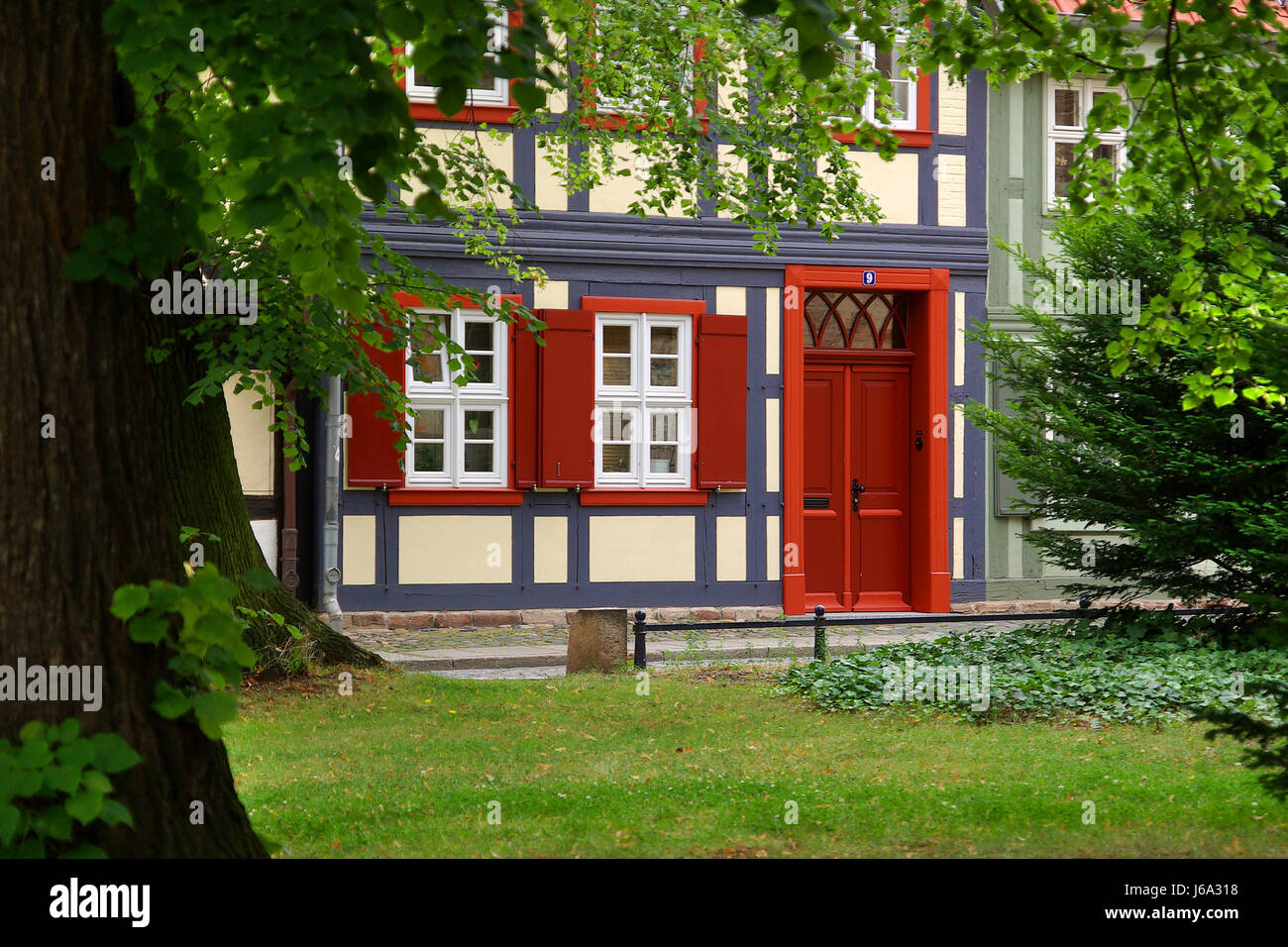 blue tree leaves red house building historical home dwelling house ...