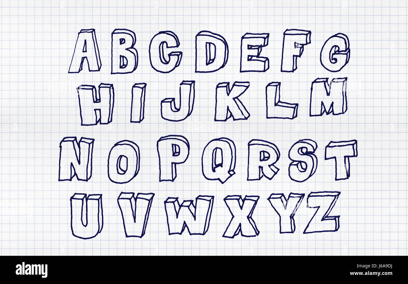 Hand drawn abc, doodle style. Blue letters over white squared paper ...