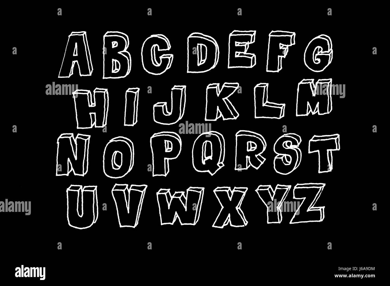 Hand drawn abc, doodle style. White letters over black background ...