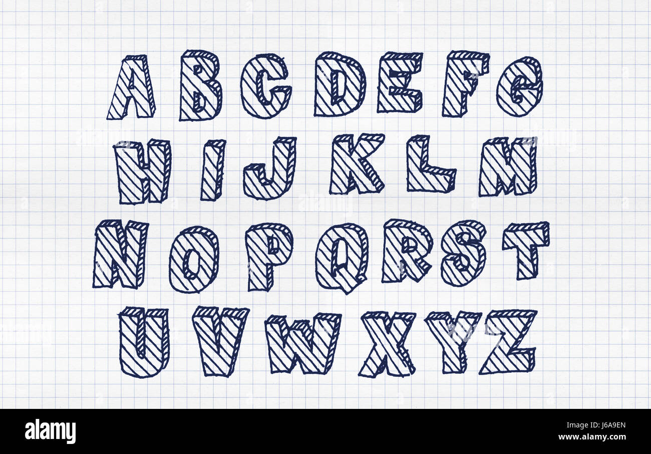 Hand drawn volumetric abc with hatching, doodle style. Blue letters ...