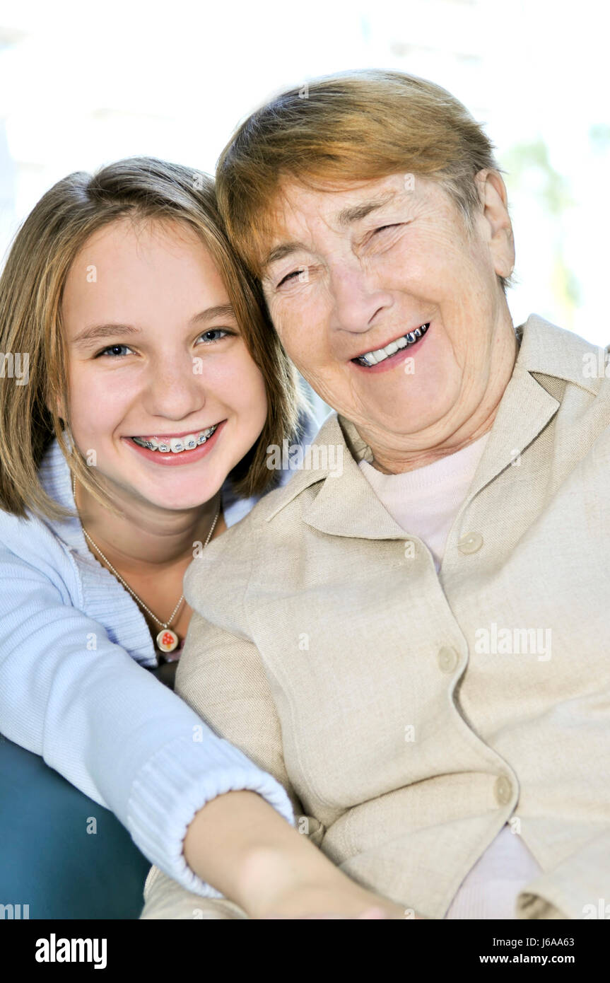 Grandmother Granddaughter Old Hugging Girl Girls Woman Humans Human