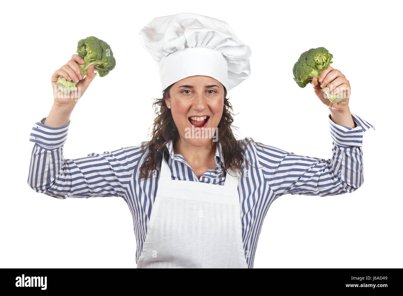 woman cook chef broccoli woman gesture restaurant laugh laughs laughing ...