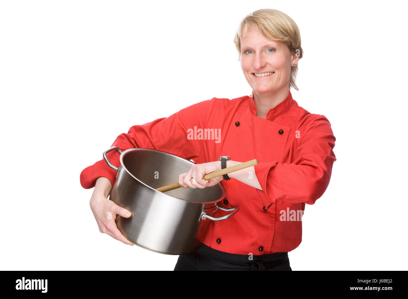 woman person pot cook spoon smock woman restaurant laugh laughs ...