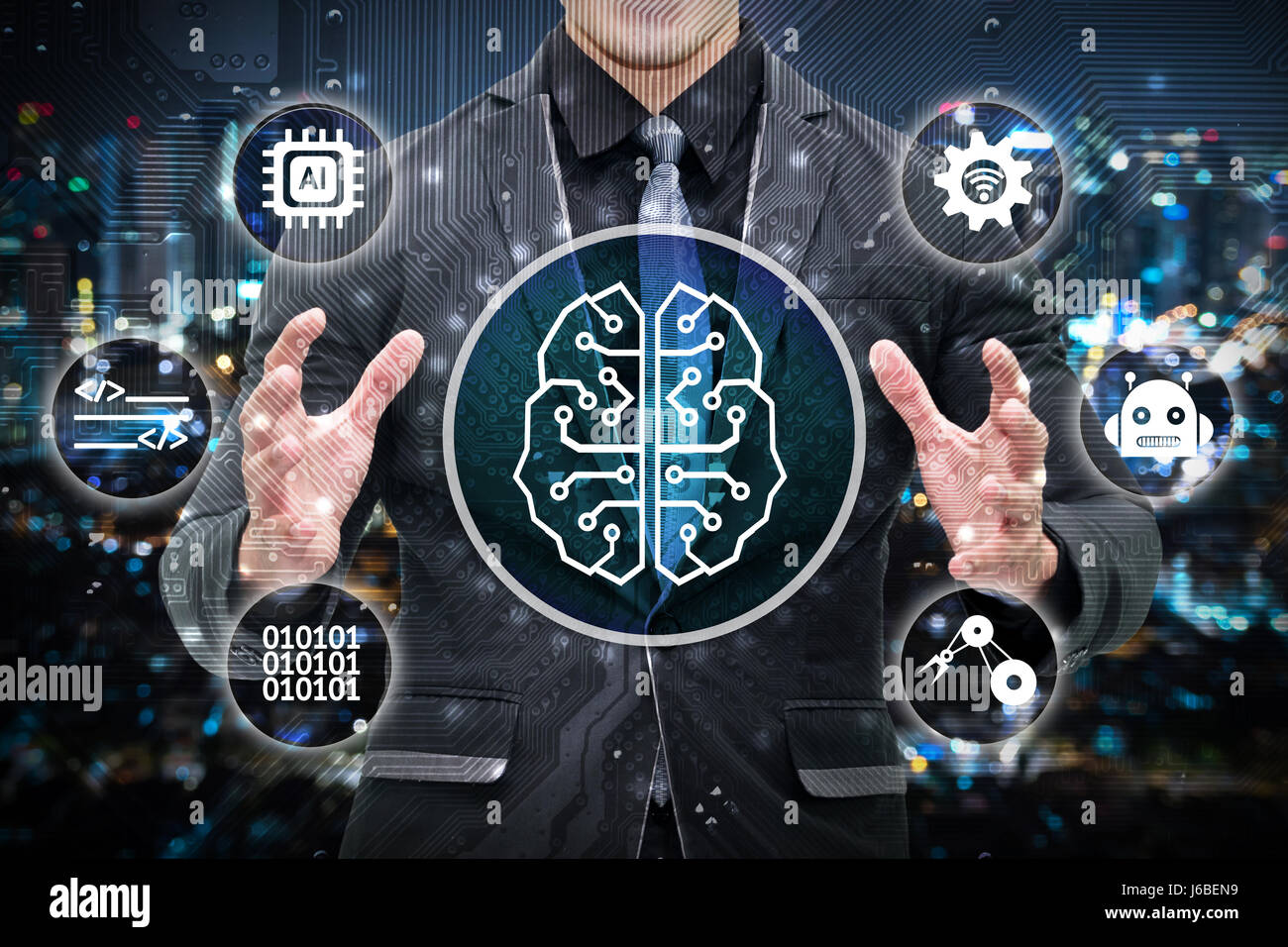 Machine learning and artificial intelligence concept. Man business suit ...