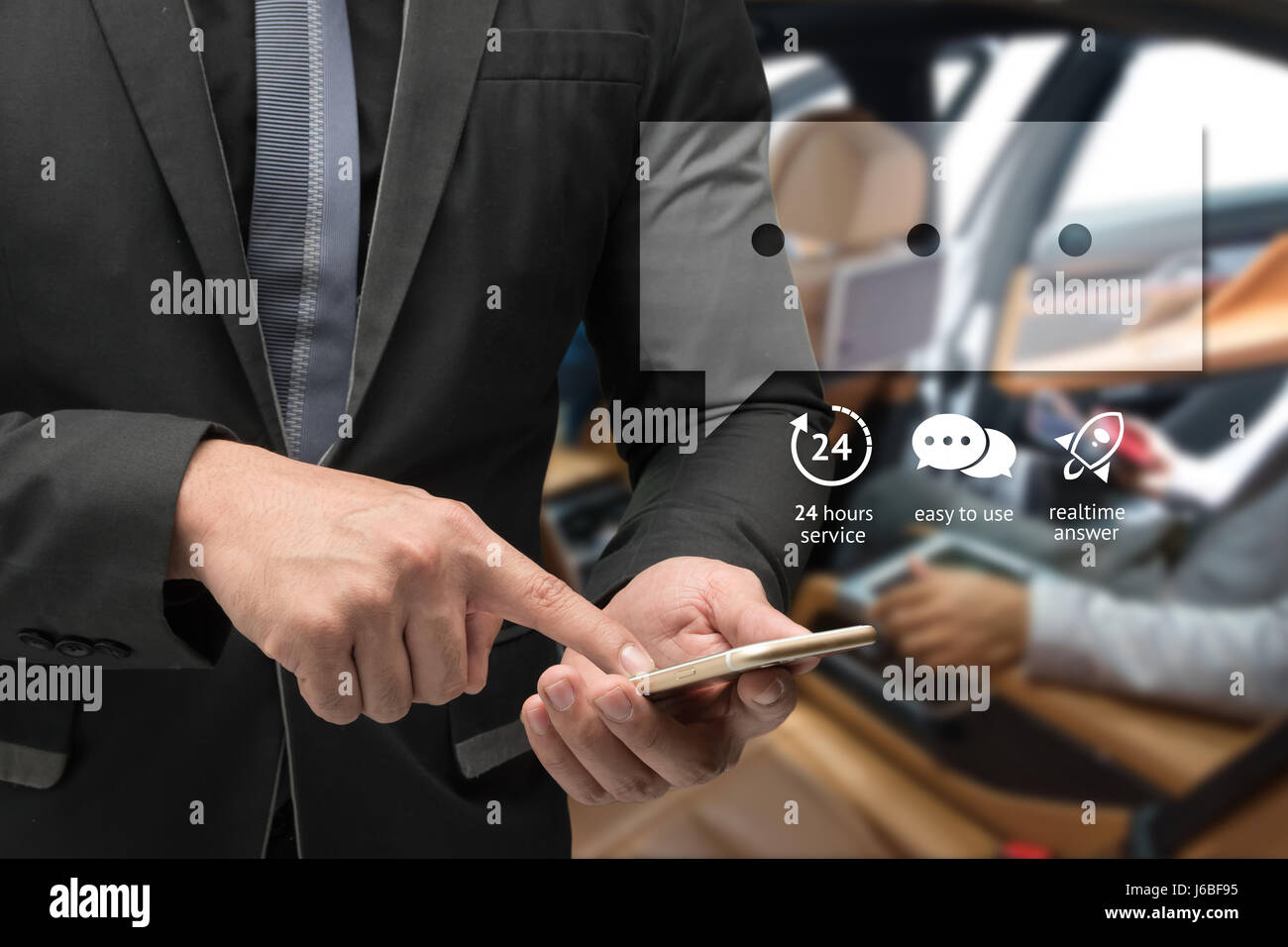 Chatbot future marketing and car sharing concept. Business man suit ...