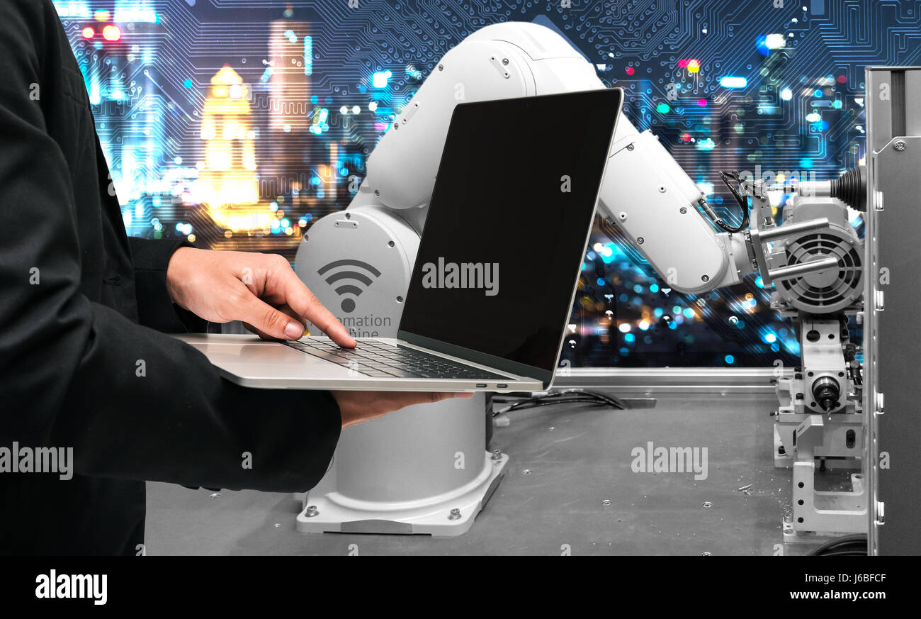 Industry 4.0 internet of things concept. Engineer finger point to black ...