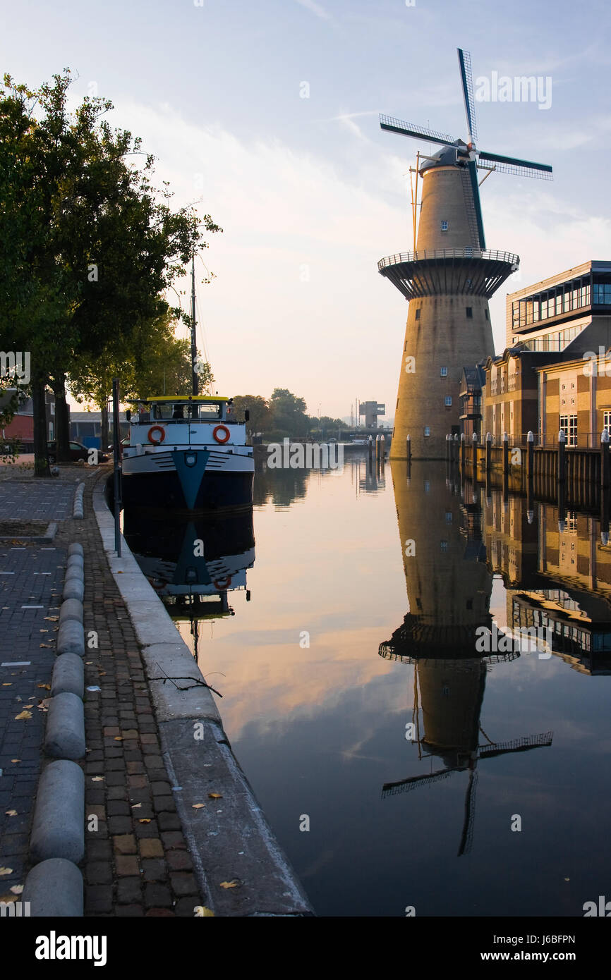 city town sunrise harbor mill boat river water rowing boat sailing boat ...
