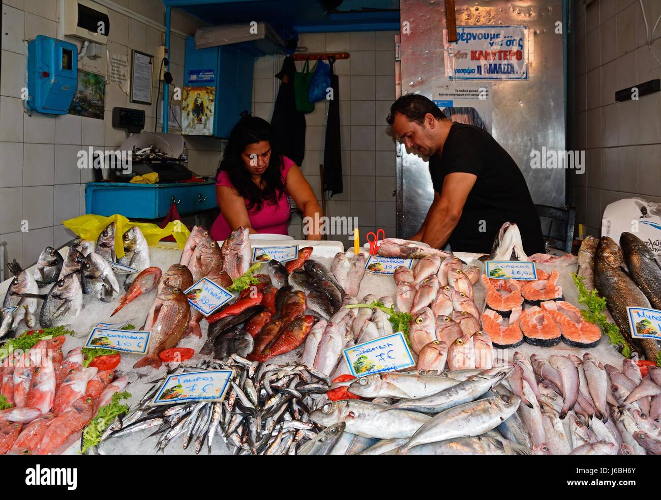 Fresh fish stall at the food market in the city centre, Heraklion ...