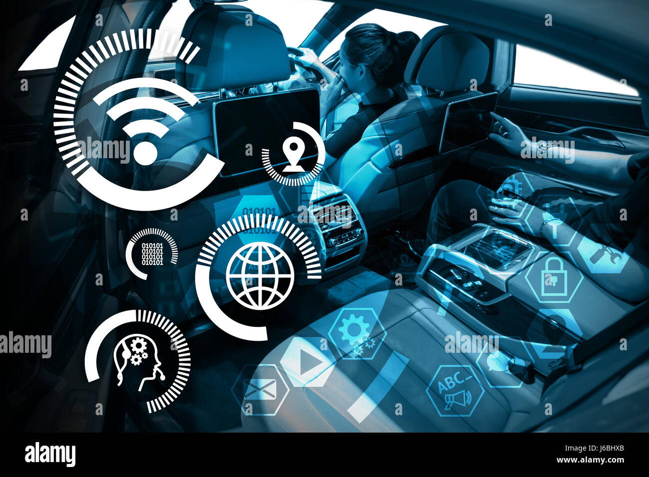 Smart car and internet of things (IOT) concept. Technology icons and ...
