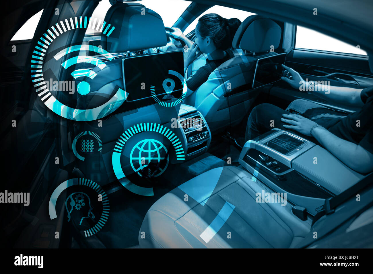 Smart car and internet of things (IOT) concept. Technology icons and ...