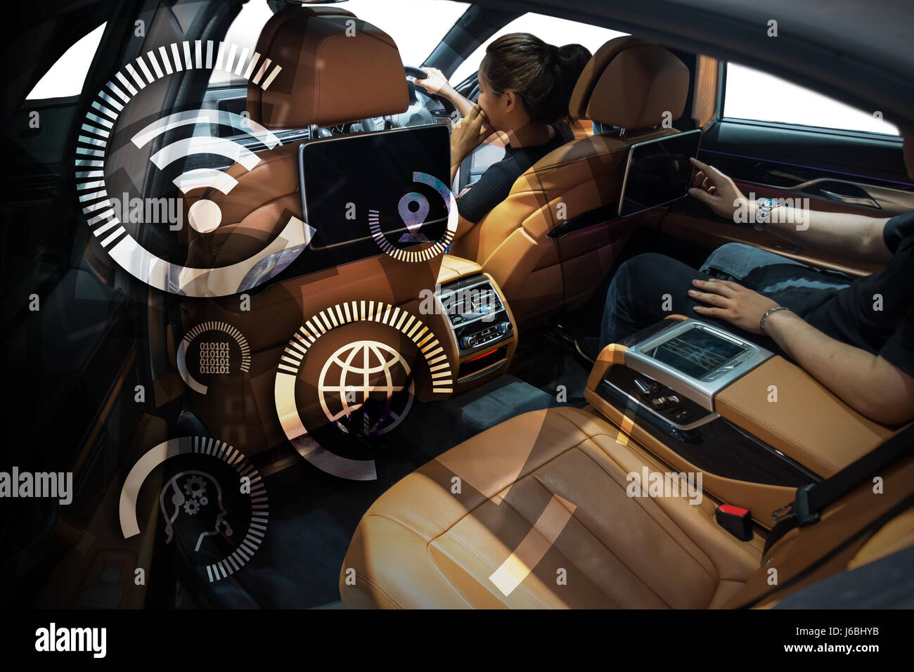 Smart car and internet of things (IOT) concept. Technology icons and ...