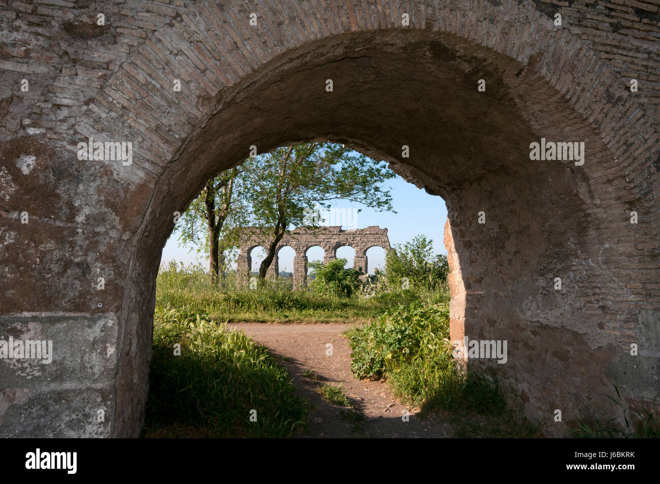 Ruins of Aqueduct Claudio-Anio-Novus seen from Aqueduct Felice, Park of ...