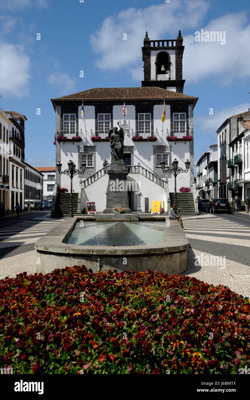 town hall azores blue house building houses monument statue window ...