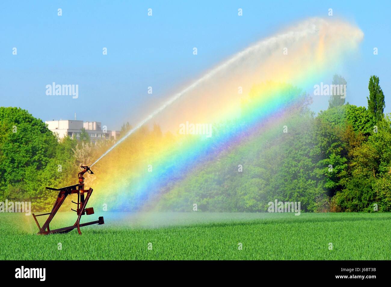 field acre rainbow dry dried up barren irrigate water tree trees green ...