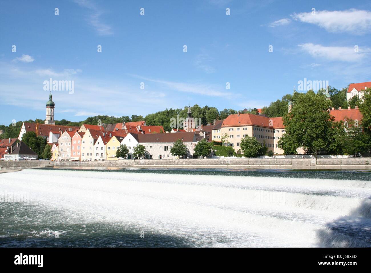 old town bavaria waterfall barrage weir river water house building ...