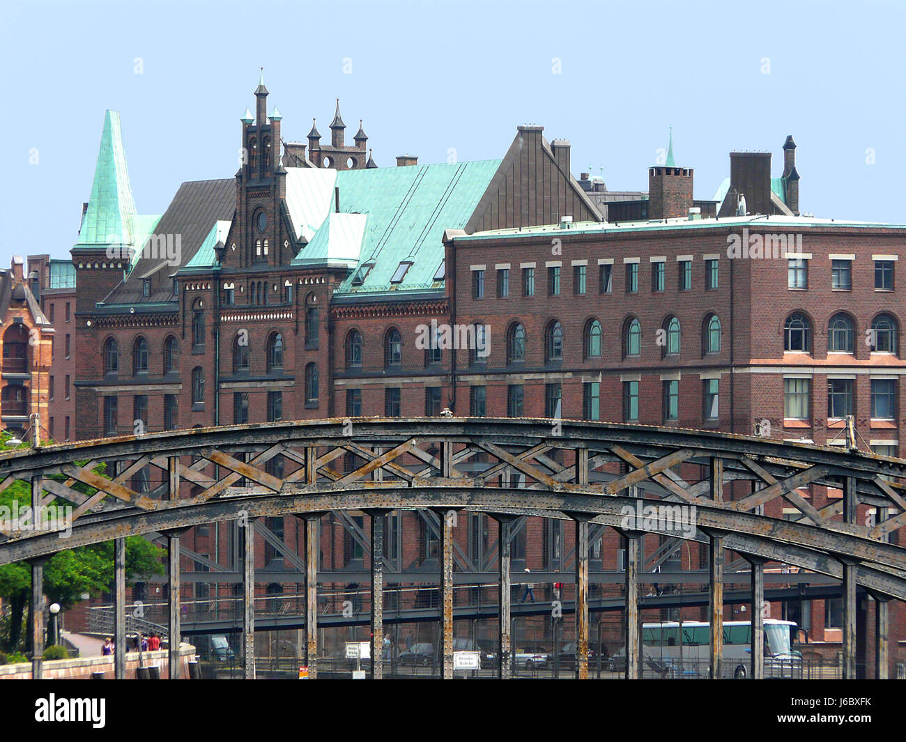 bridge hamburg copper roof memory city spire brick blue green window ...