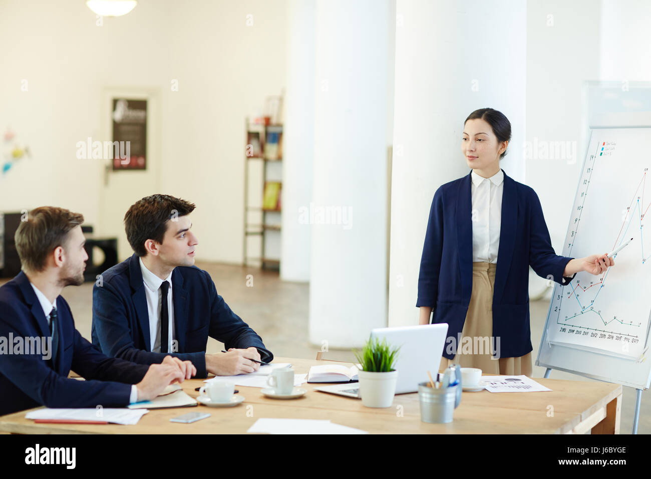 Confident coach pointing at graph on whiteboard during presentation ...