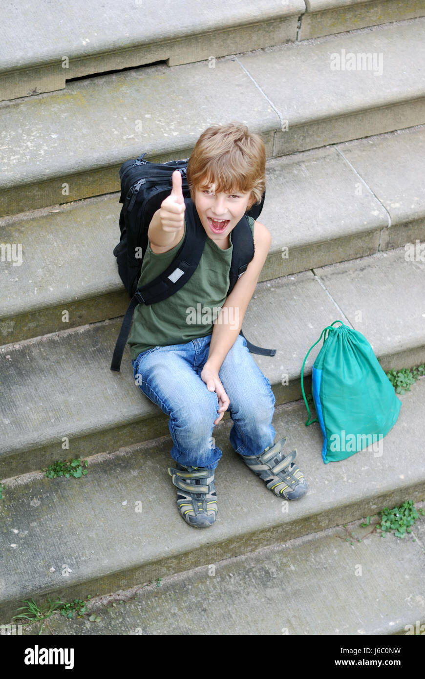 stairs successful succesful schoolchild satchel young younger child ...