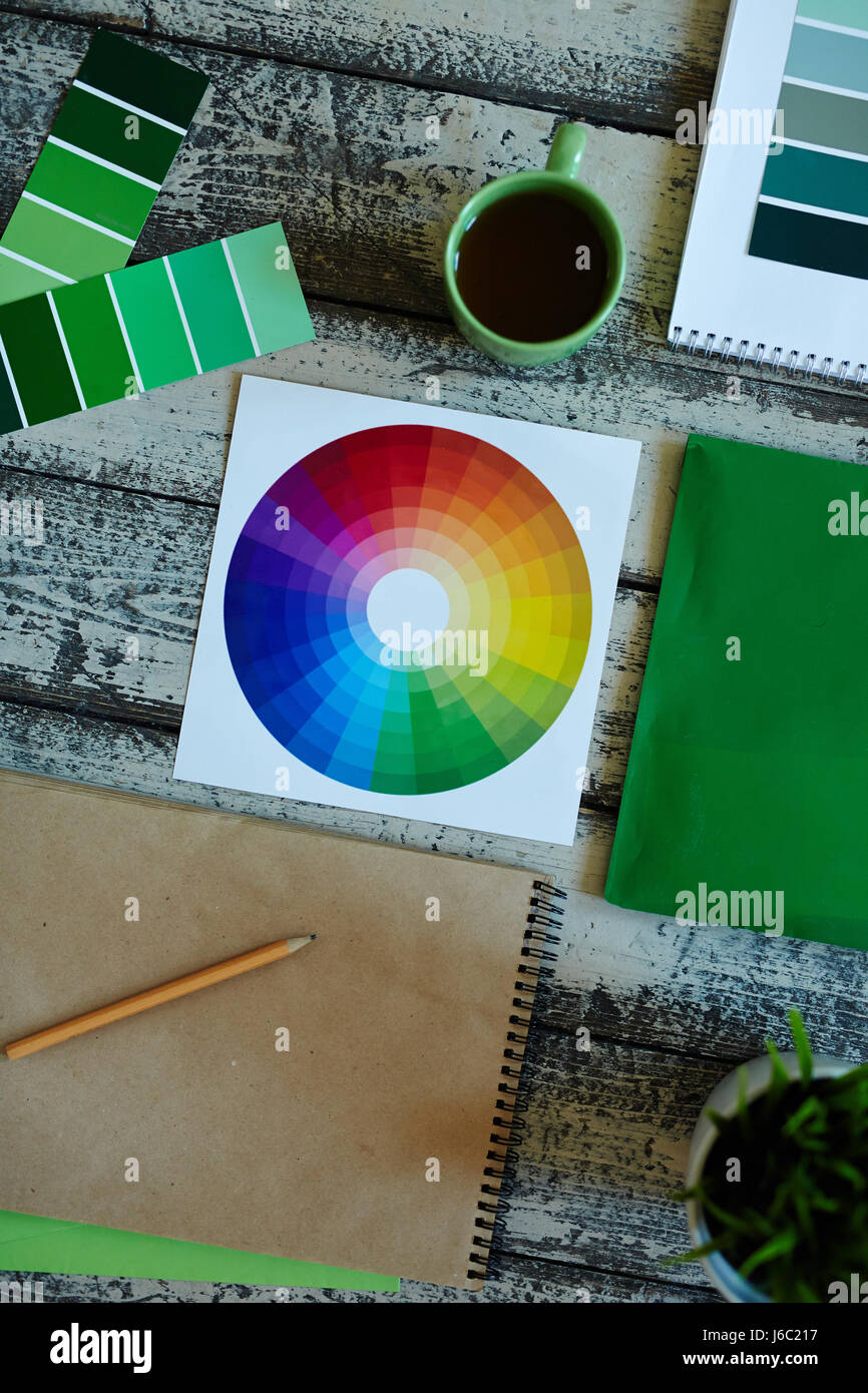 Group of design objects: composition of color swatches, palette and ...