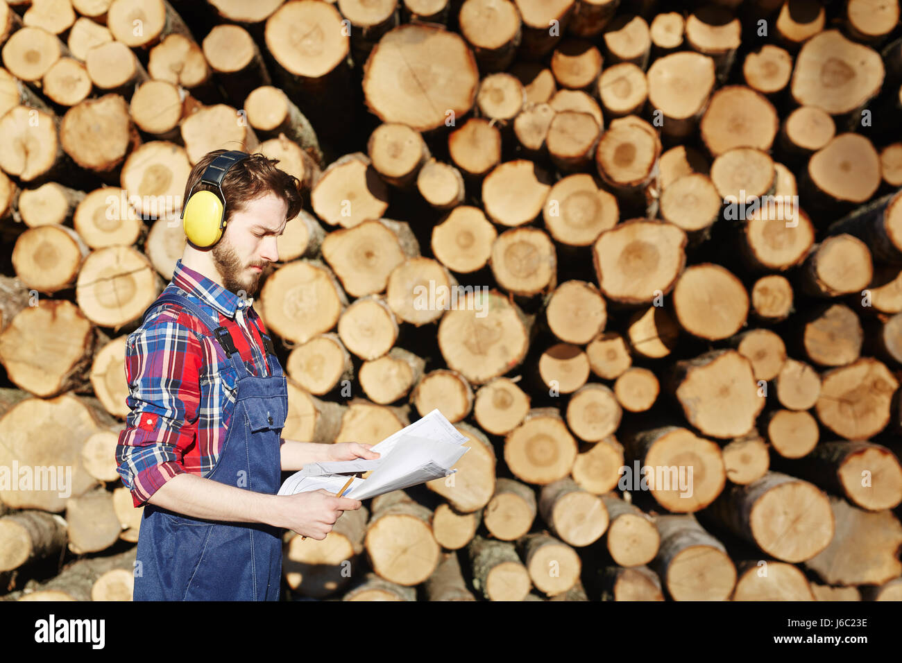 Side view portrait of man working on timber cutting site, reading ...