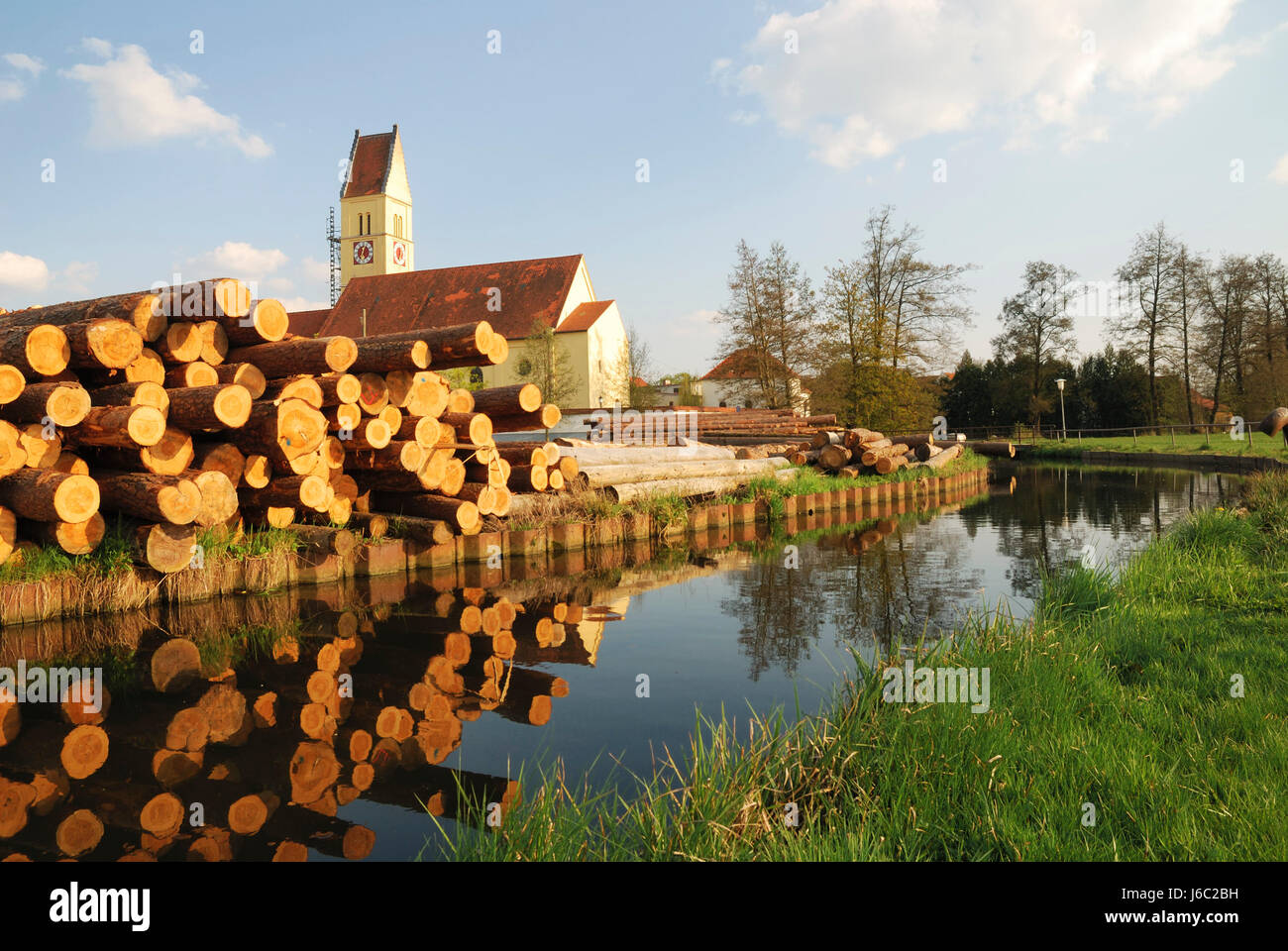 wood timber landscape scenery countryside nature logs river water blue ...