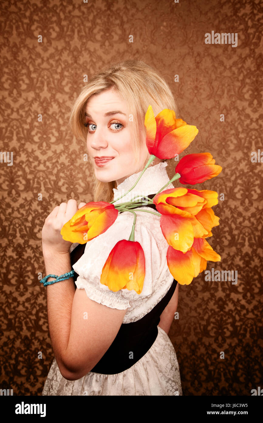 woman lady female flower plant tulip plastic synthetic material girl ...