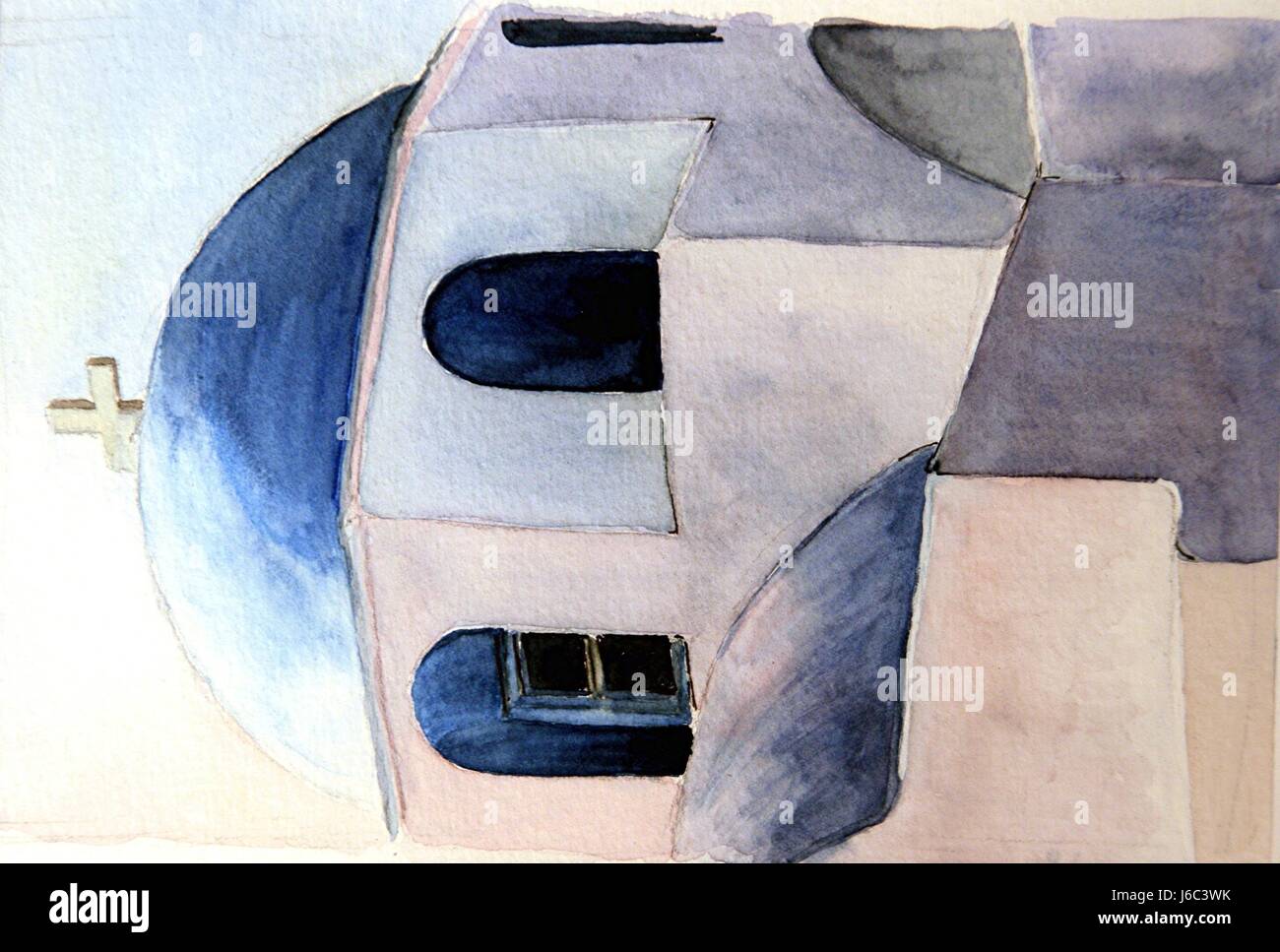 blue church dome greece typical watercolour stonewall draw piece ...