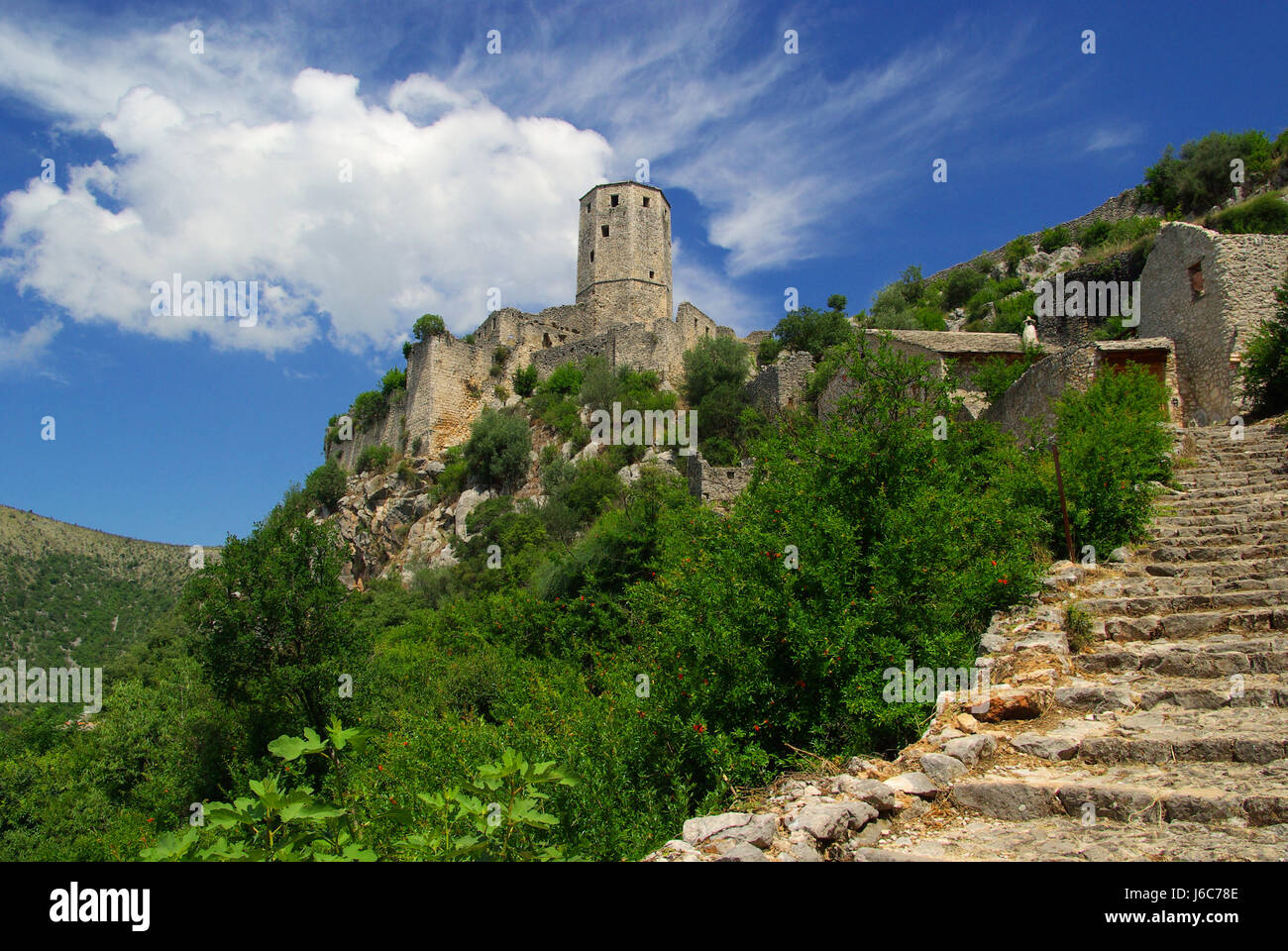 wall ruin chateau castle blue stairs tower hill europe wall ruin bosnia ...