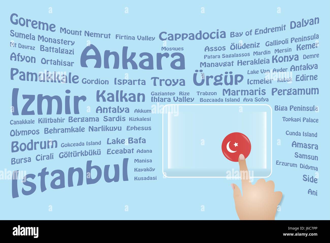 Hand is touching a round Turkish flag on a transparent screen. The blue ...