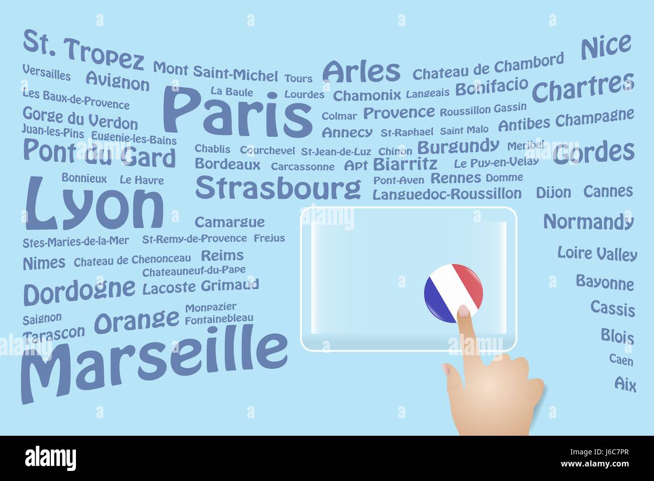 Hand is touching a round French flag on a transparent screen. The blue ...