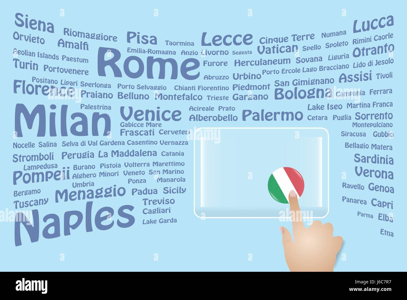 Hand is touching a round Italian flag on a transparent screen. The blue ...