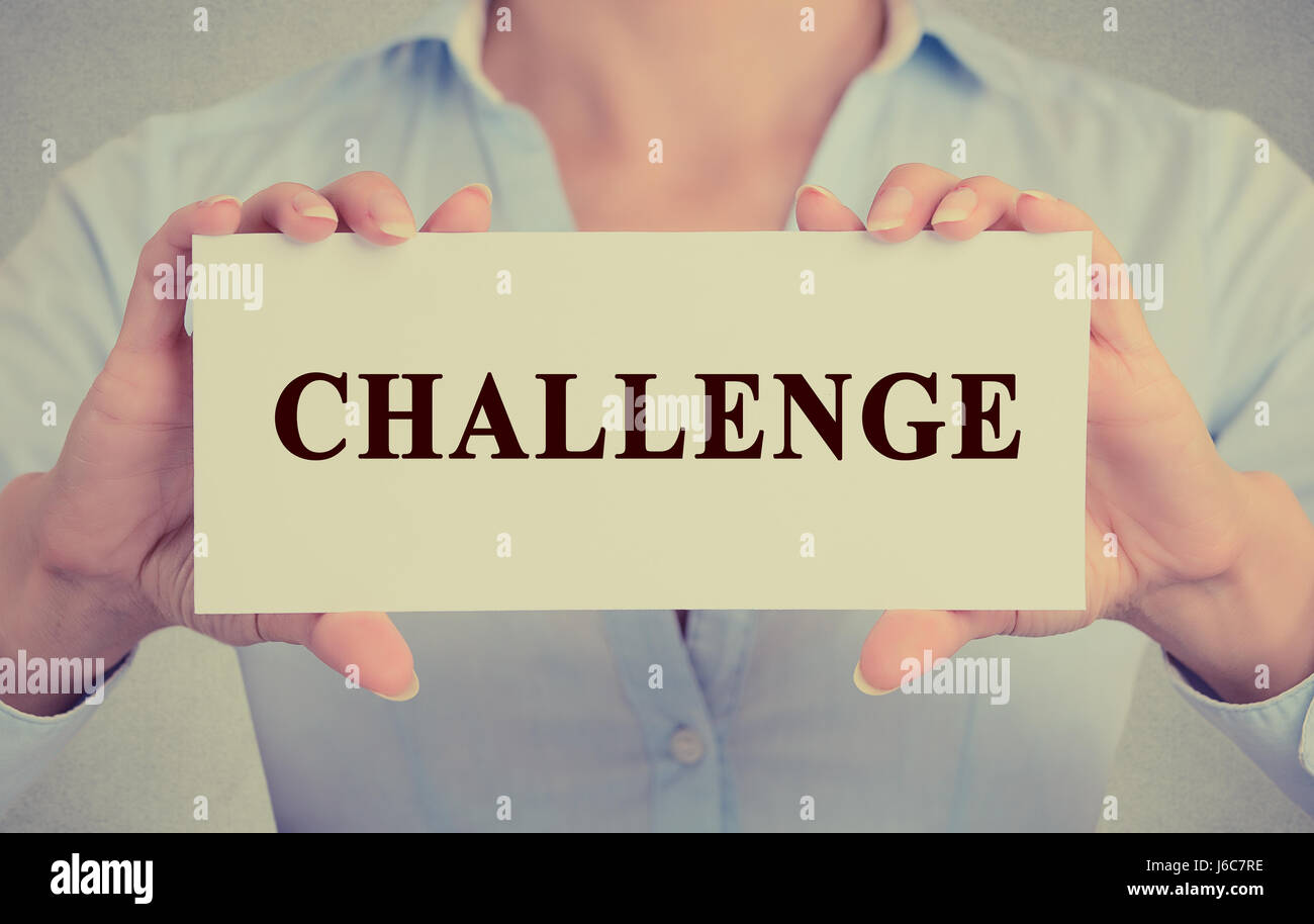 image businesswoman hands holding white card sign with challenge ...