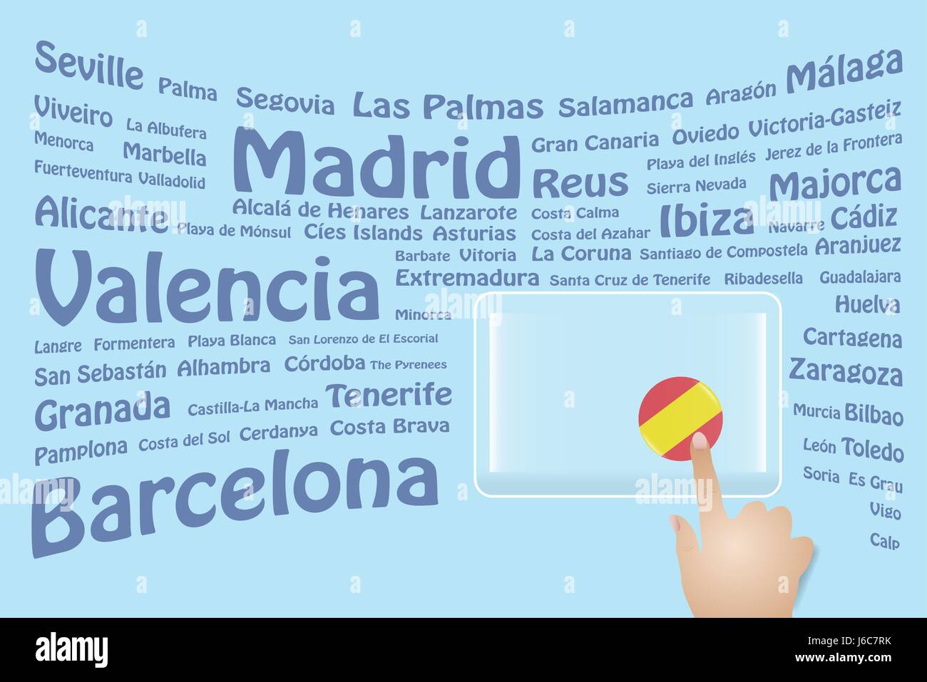 Hand is touching a round Spanish flag on a transparent screen. The blue ...