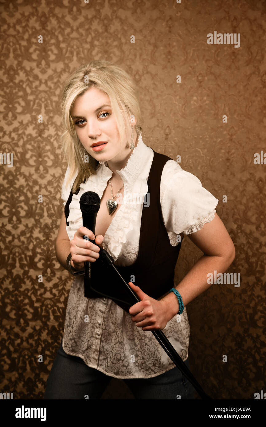 singer microphone performer entertainer stand woman blouse beautiful ...