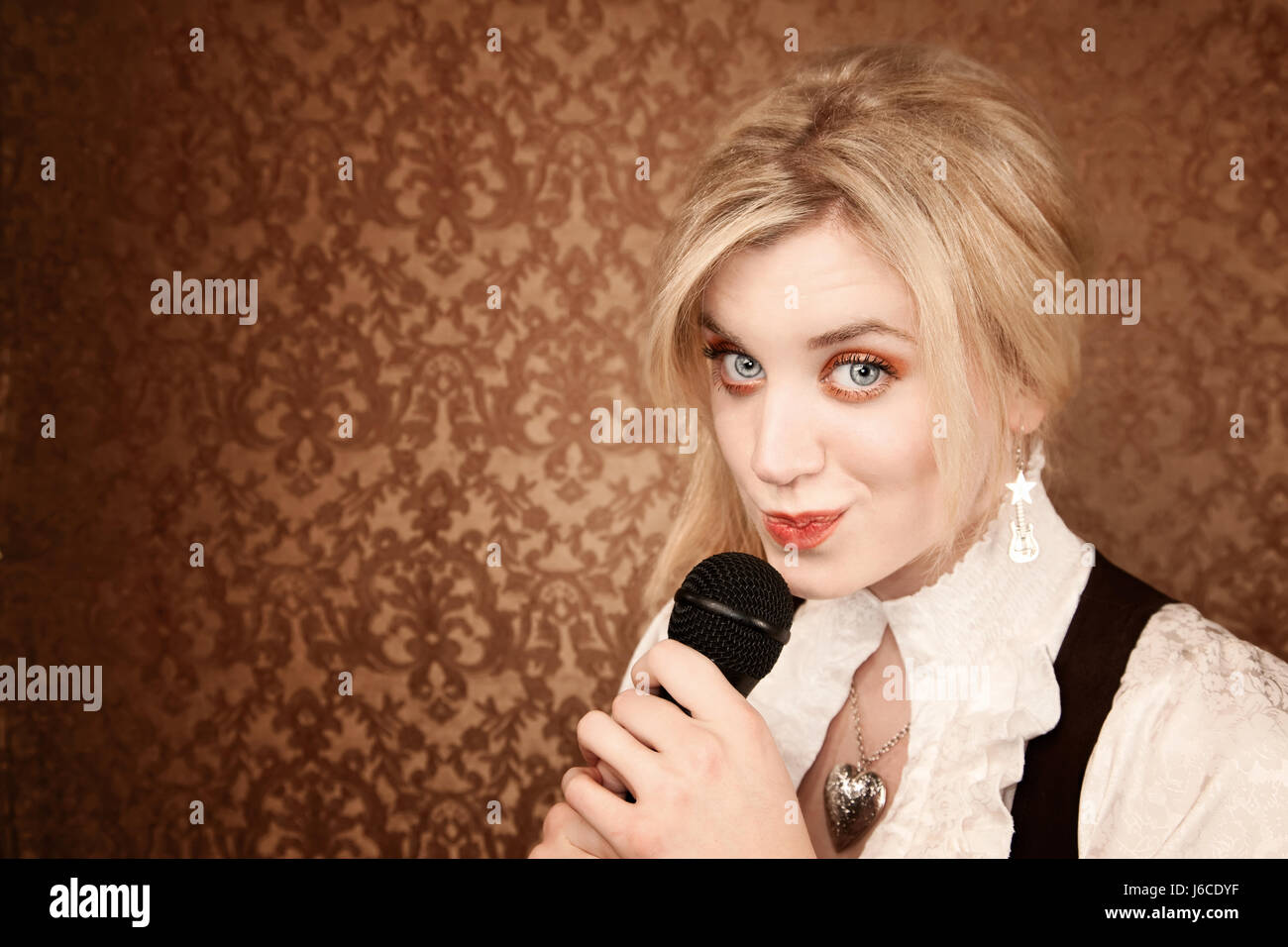 singer microphone performer entertainer stand woman blouse beautiful ...