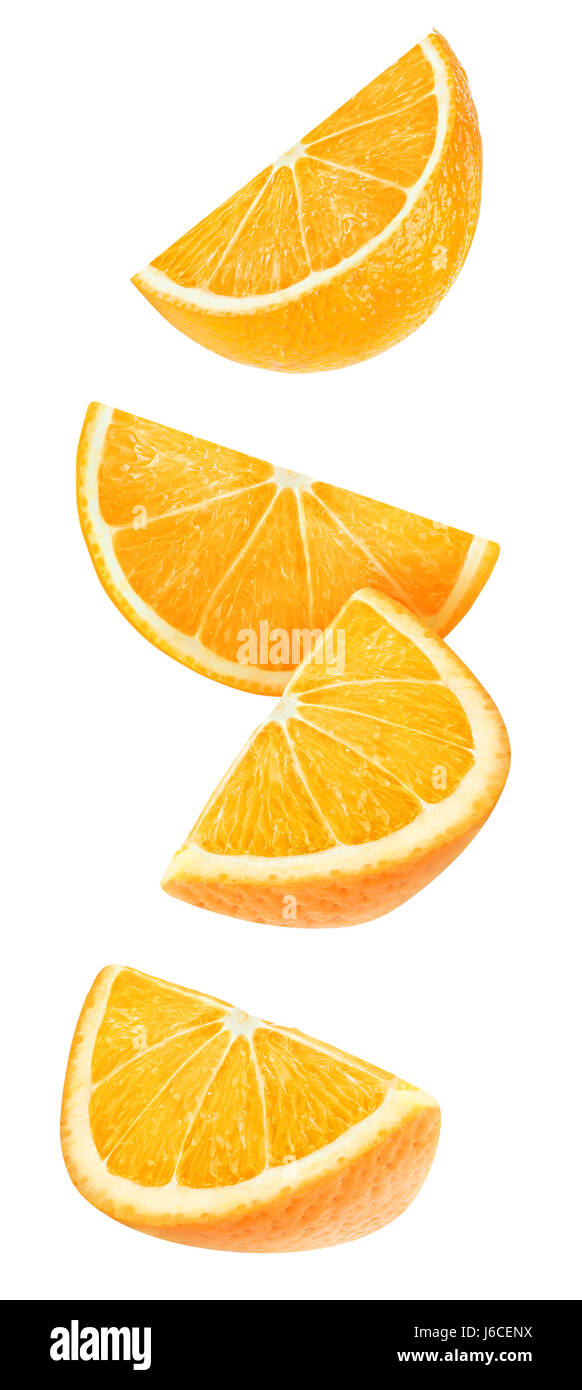 Isolated orange wedges. Four falling pieces of orange fruit isolated on ...