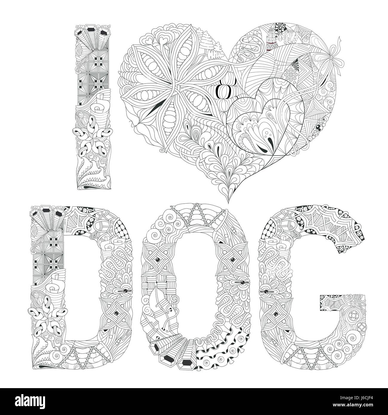 Word I LOVE DOG for coloring. Vector decorative zentangle object Stock ...