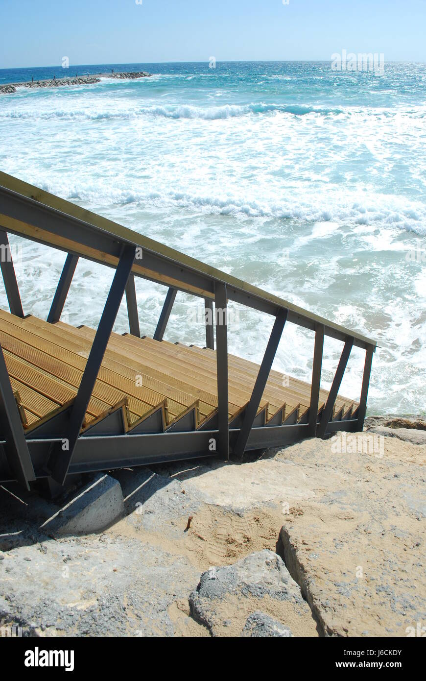 stairs coast scene location site salt water sea ocean water shore blue ...
